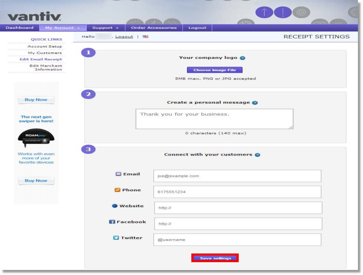 Change receipt settings for Vantiv Mobile Accept using the web interface - Asecare